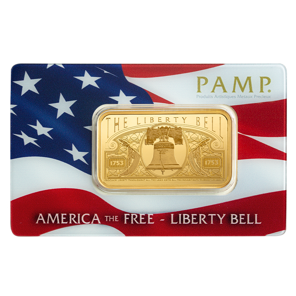 America the Free; Liberty Bell Gold Minted Bar - 1oz | PAMP
